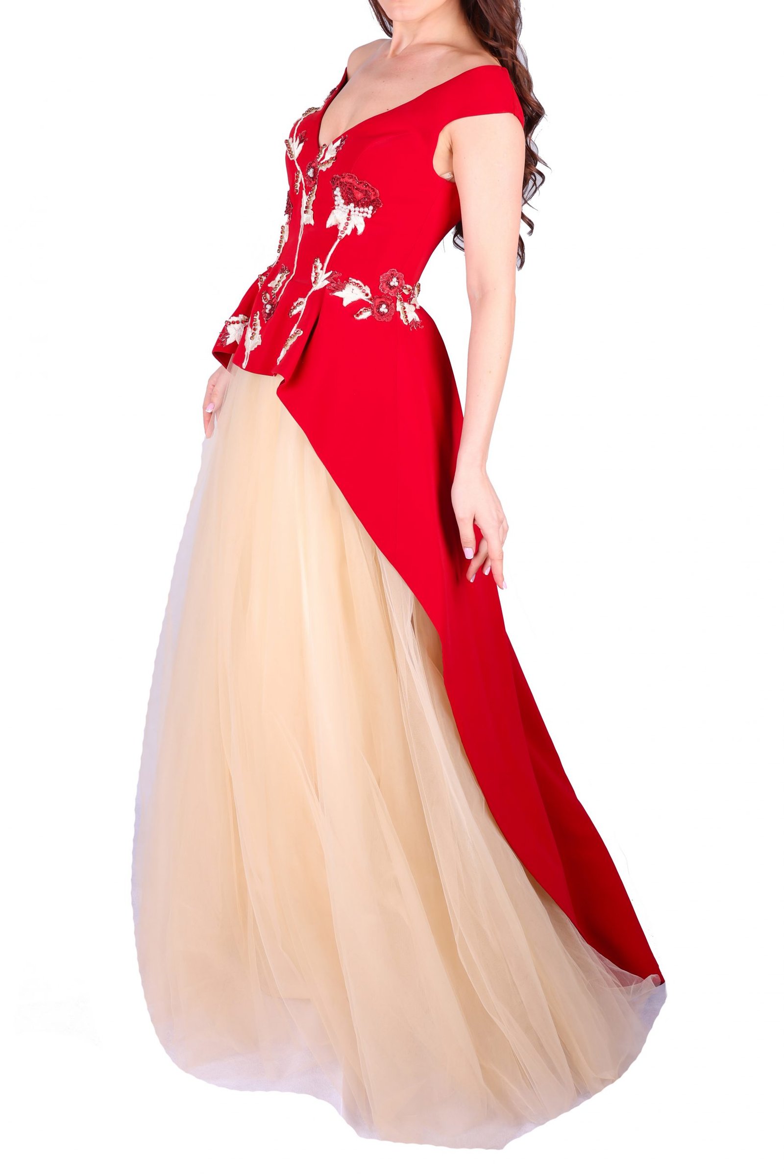 Ball Gown Off Shoulder Detailed Flower Gown Dress - Alesayi Fashion