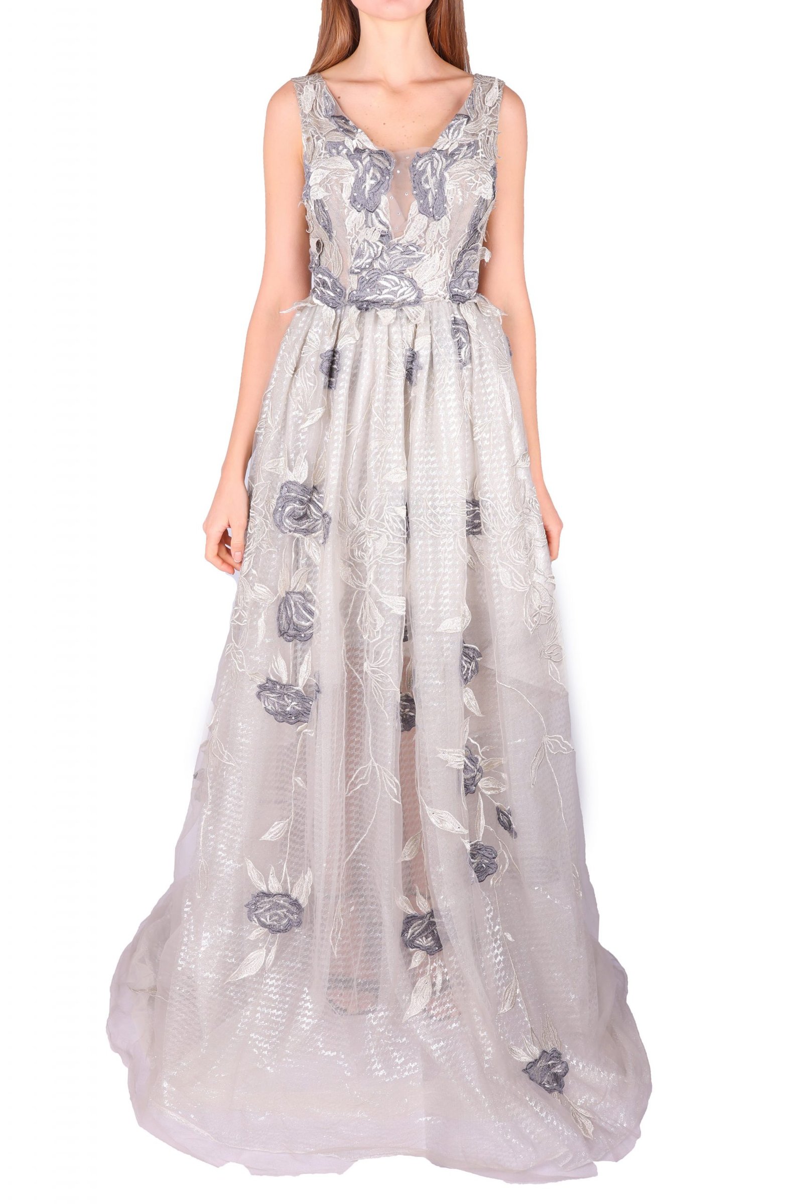 V-Neck Flower Detail Gown Dress - Alesayi Fashion